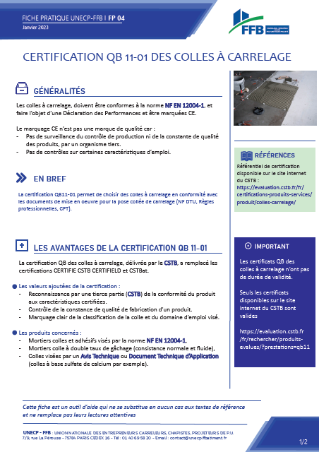 Fiche Pratique FP4 : Certification QB11-01 des colles à carrelage